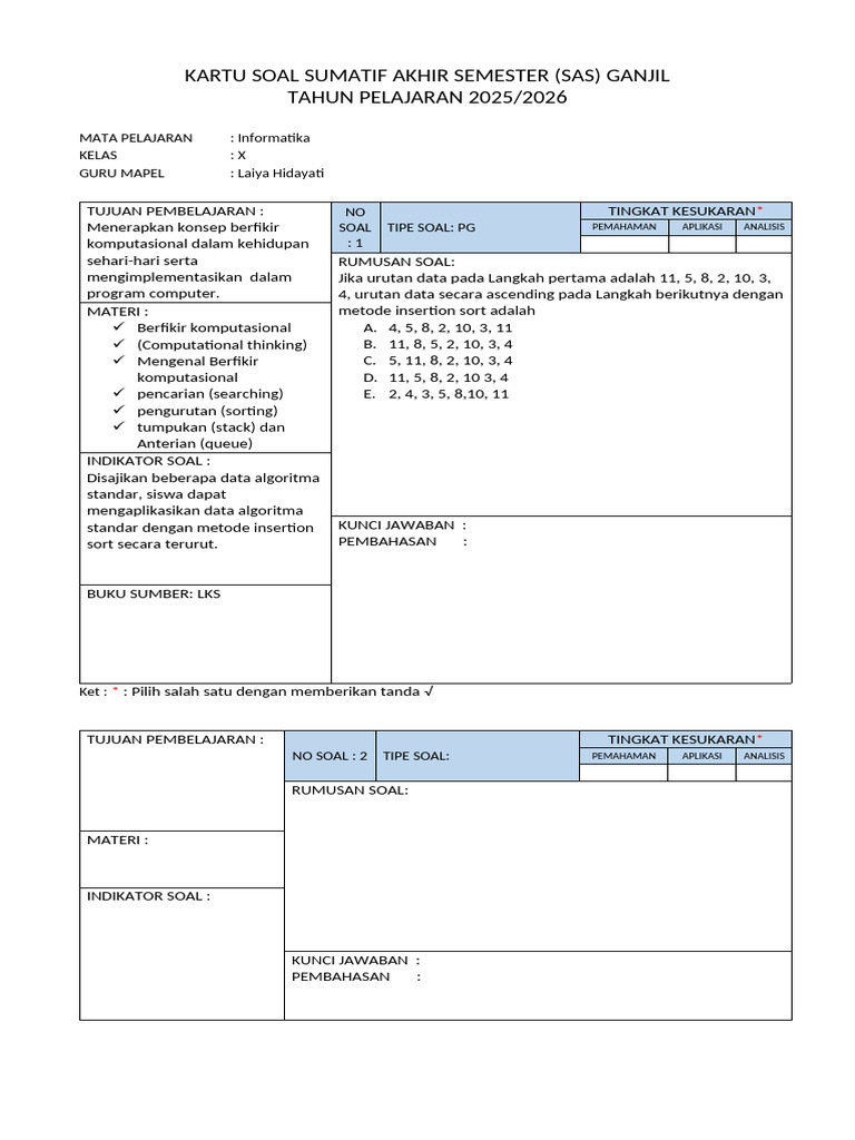 Kartu Soal Sas Ganjil 25(1)(1) | PDF