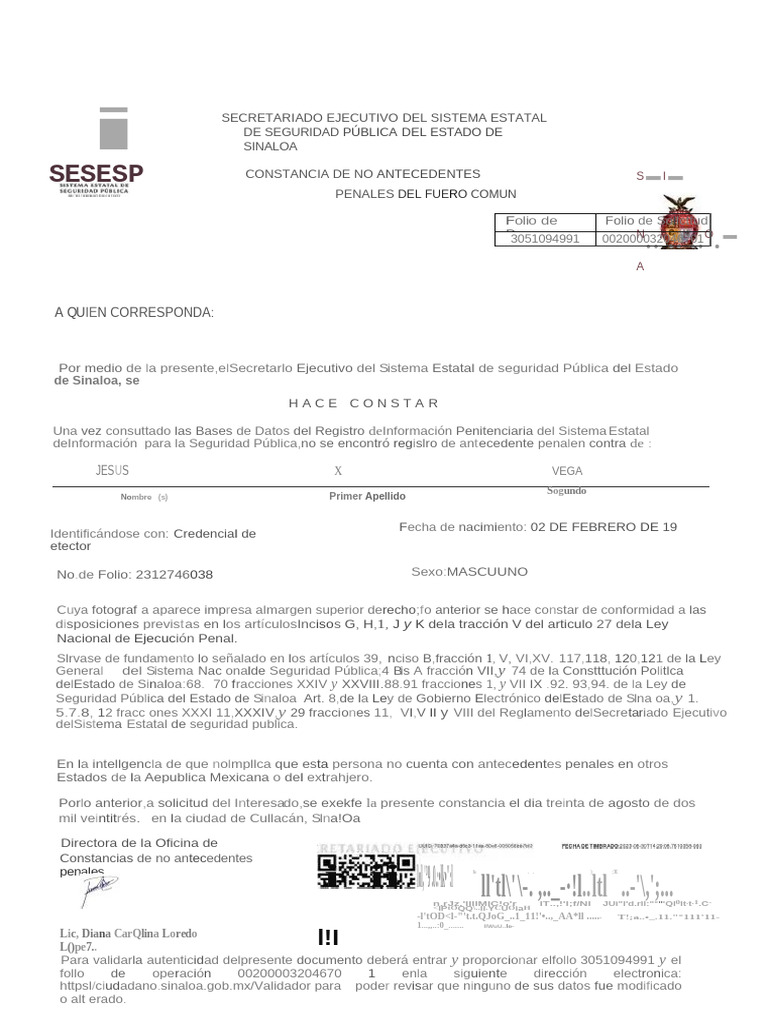 Constancia de No Antecedentes Penales Sinaloa | PDF | Gobierno