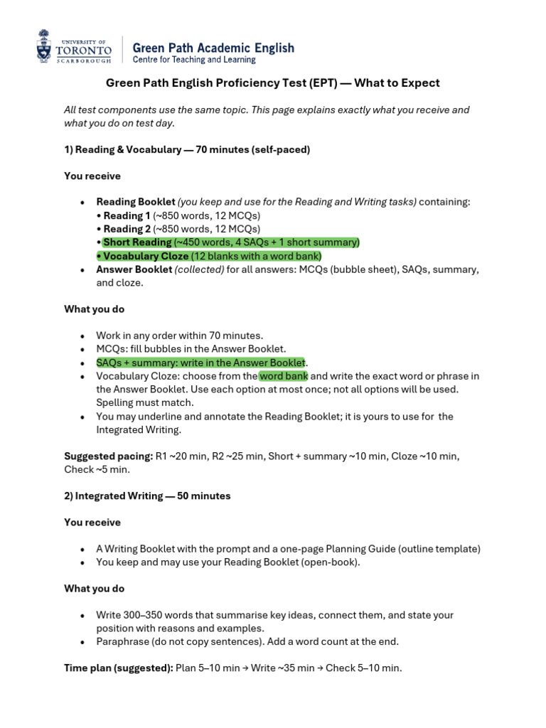 Green Path English Proficiency Test (EPT) - What To Expect | PDF ...
