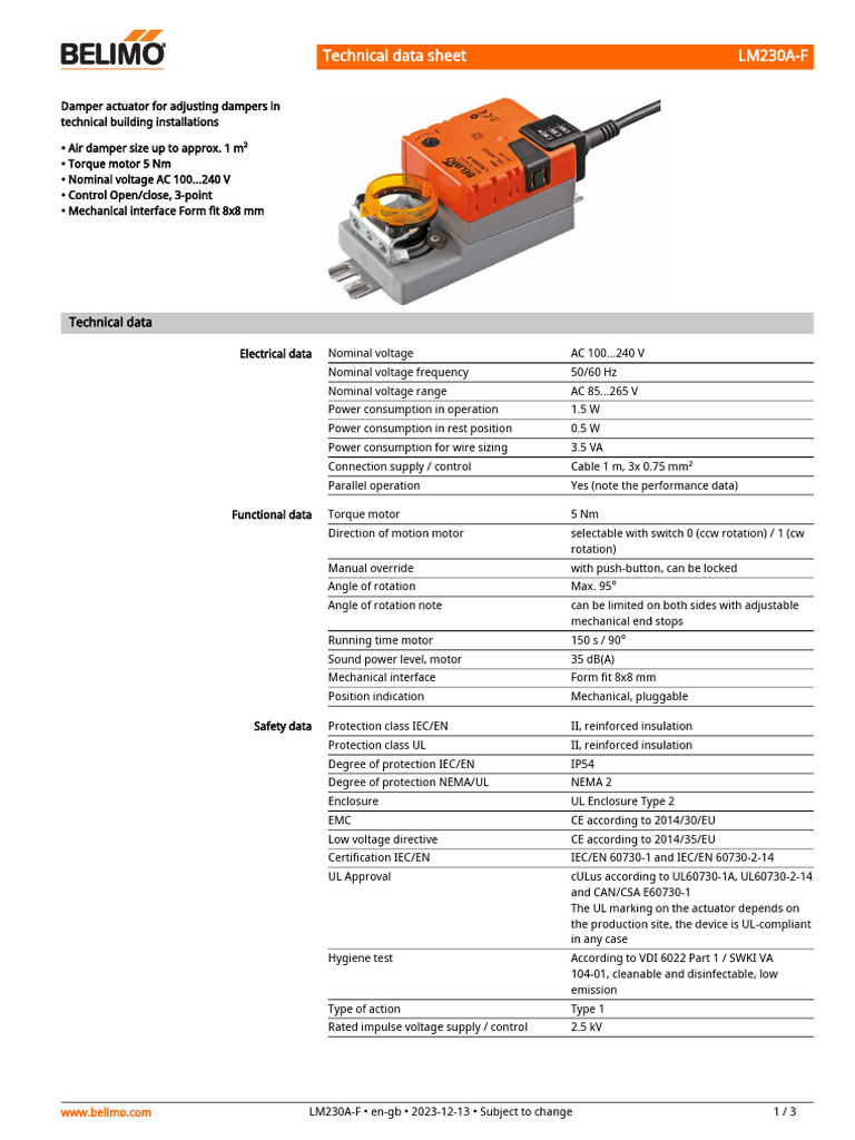 Belimo LM230A-F Damper Actuator Specs | PDF | Alternating Current | Switch
