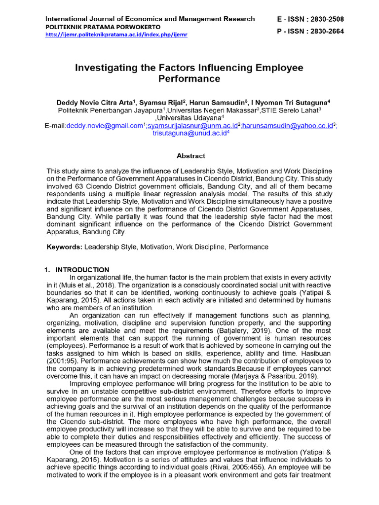 G. View of Investigating The Factors Influencing Employee Performance | PDF