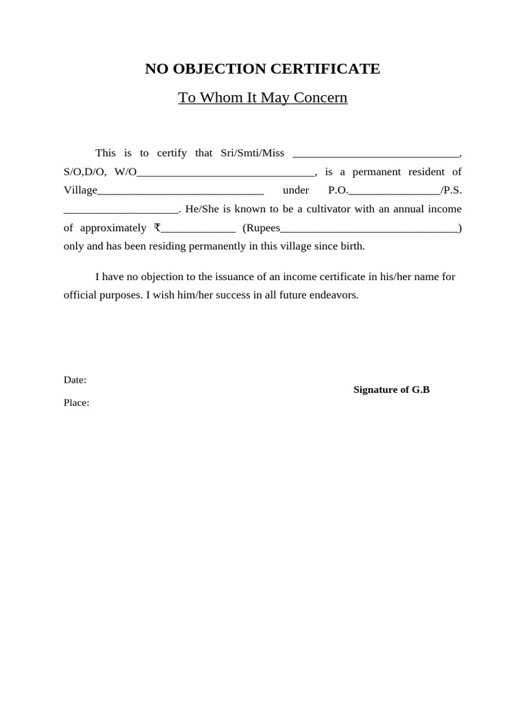No Objection Certificate Template | PDF