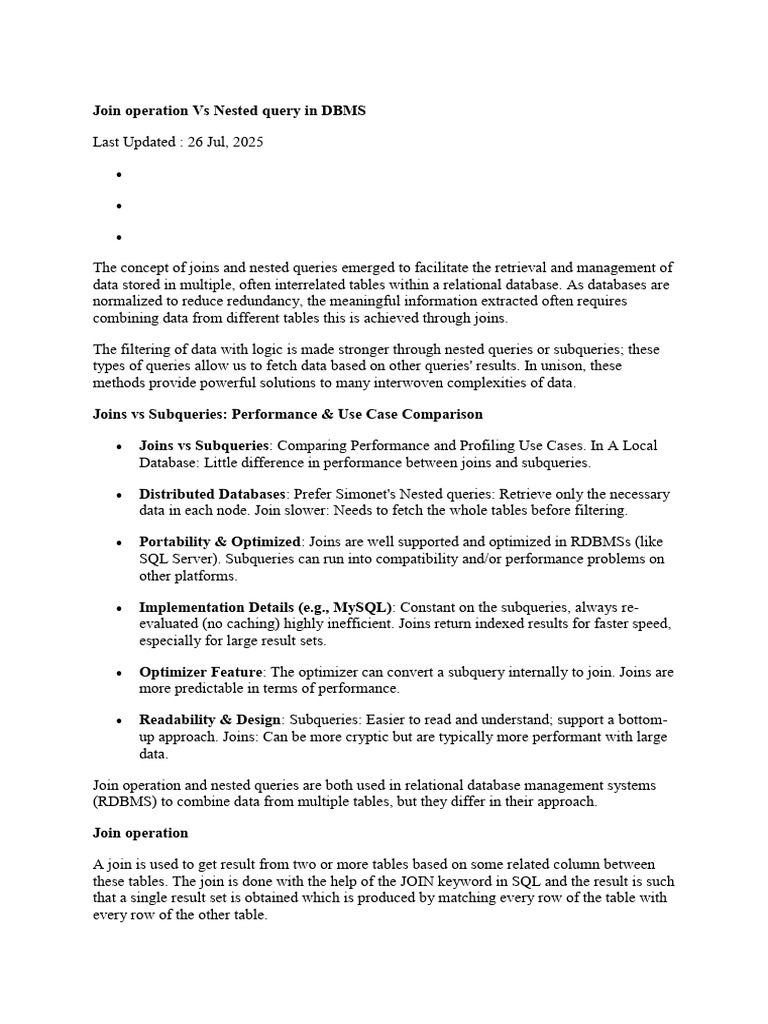 Join Operation Vs Nested Query in DBMS | PDF | Databases | Information ...