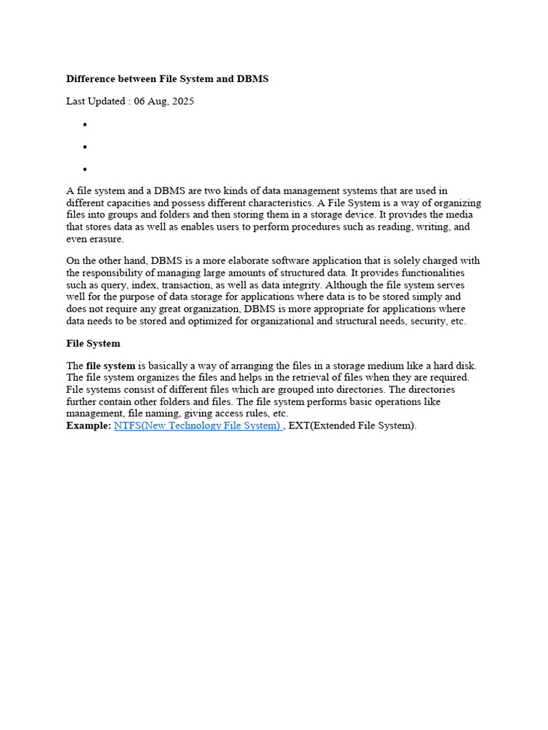 Difference Between File System and DBMS | PDF | Databases | File System