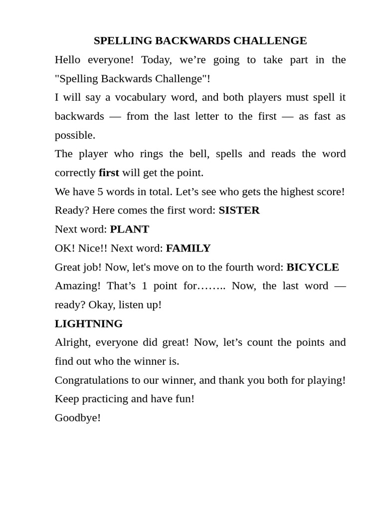 Spelling Backwards Challenge Game | PDF