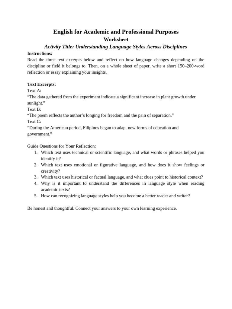 English Acad Worksheet | PDF