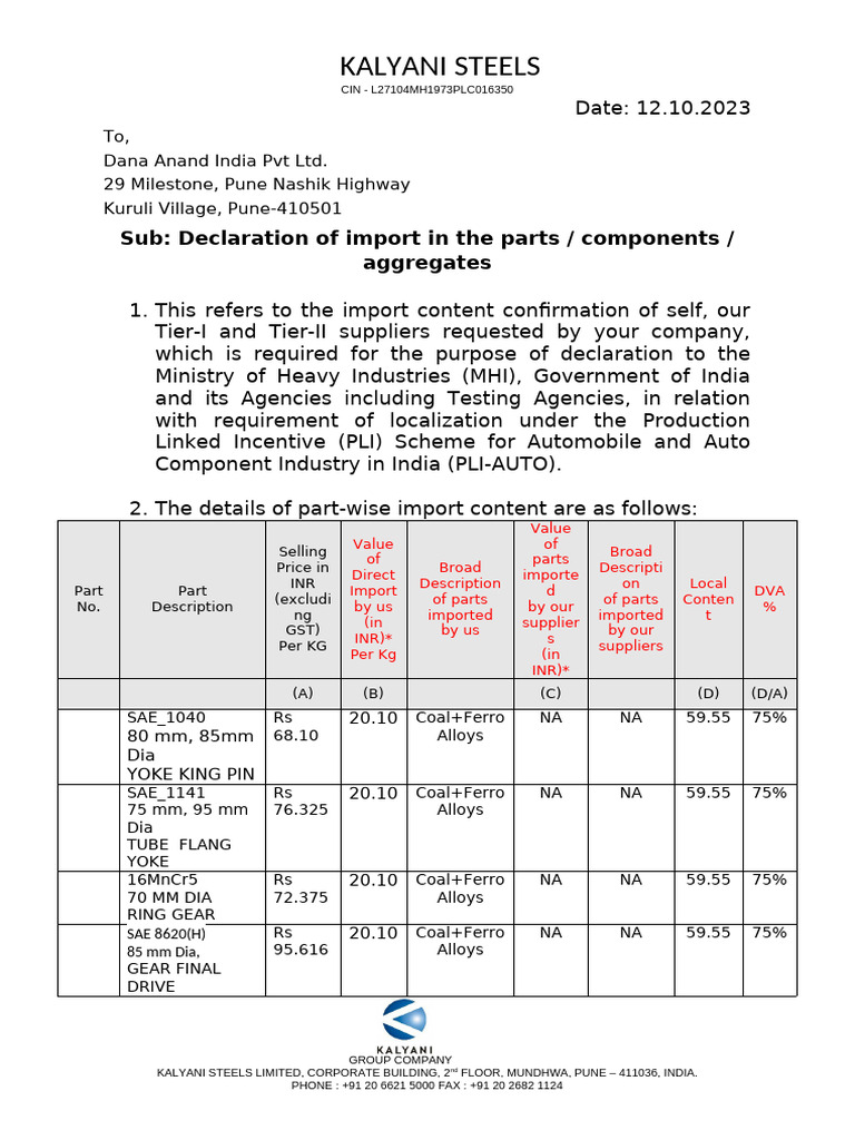 Kalyani Steels Import Declaration for PLI-AUTO | PDF