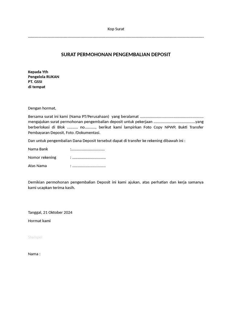 Draft Permohonan Pengembalian Deposit, BAST 1 Dan 2 New | PDF
