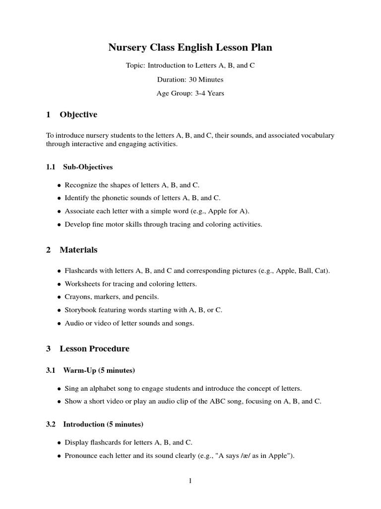 Nursery English Lesson Plan | PDF | Linguistics | Cognitive Science