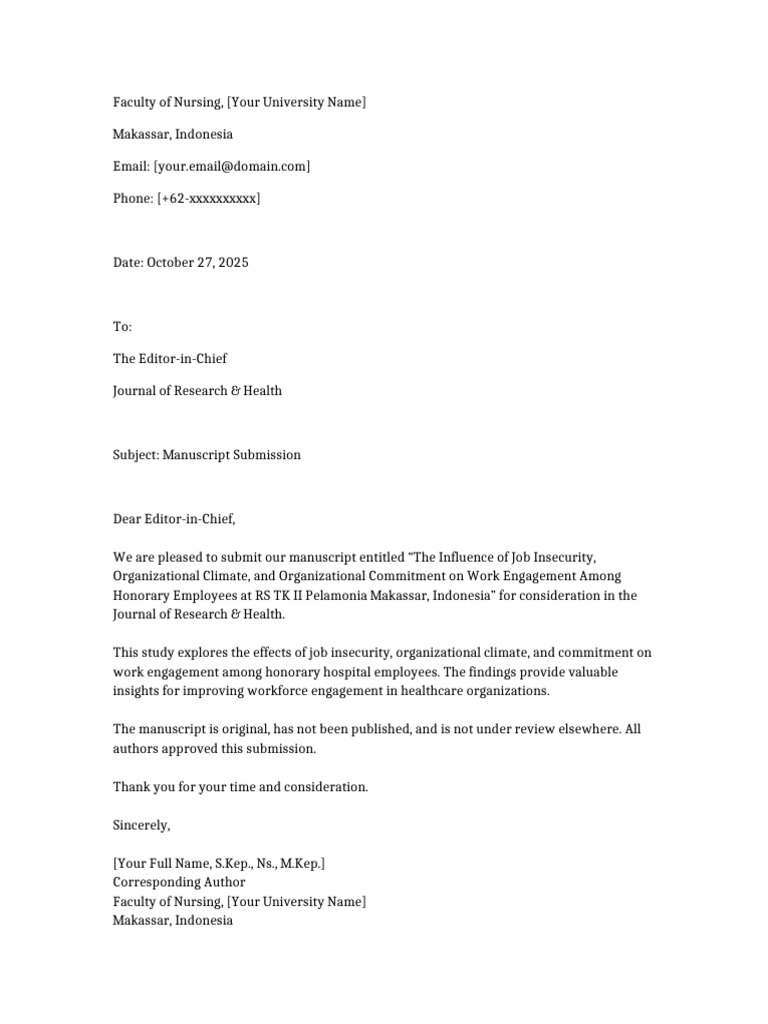 Cover Letter Short Journal of Research and Health | PDF