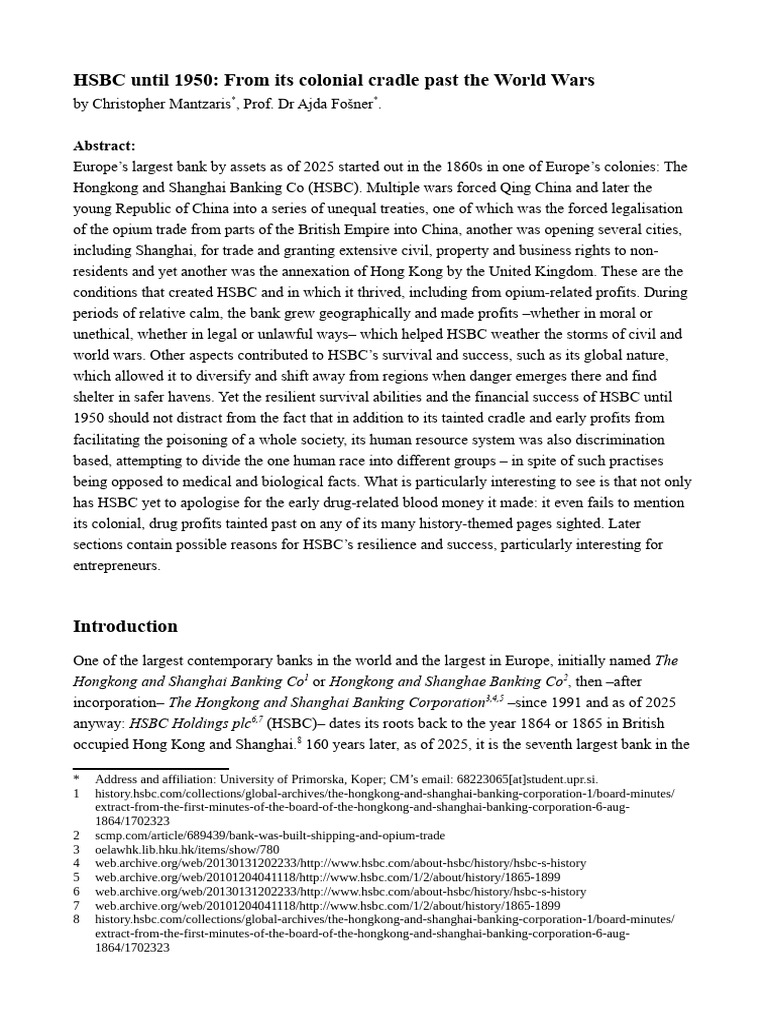 HSBC Until 1950: From Its Colonial Cradle Past The World Wars | PDF ...