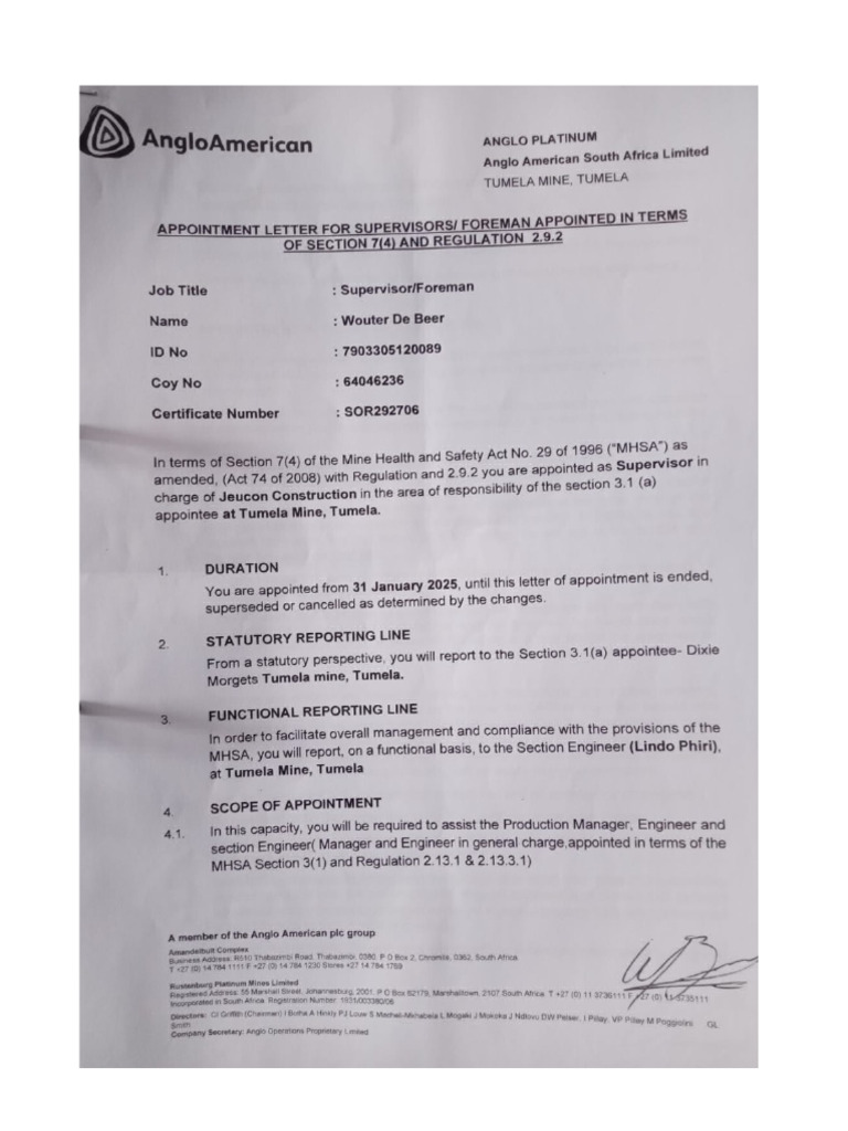 Certificate - Foreman Appointment Letter - Wouter de Beer | PDF
