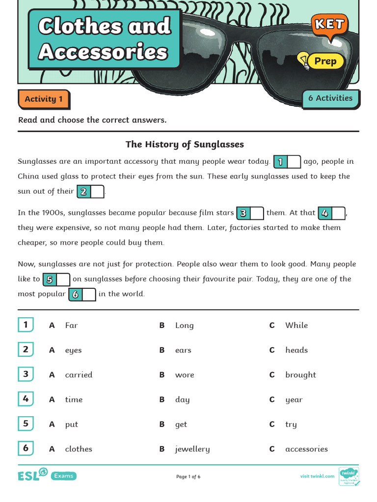 Sunglasses and Fashion Vocabulary Activities | PDF | English As A ...