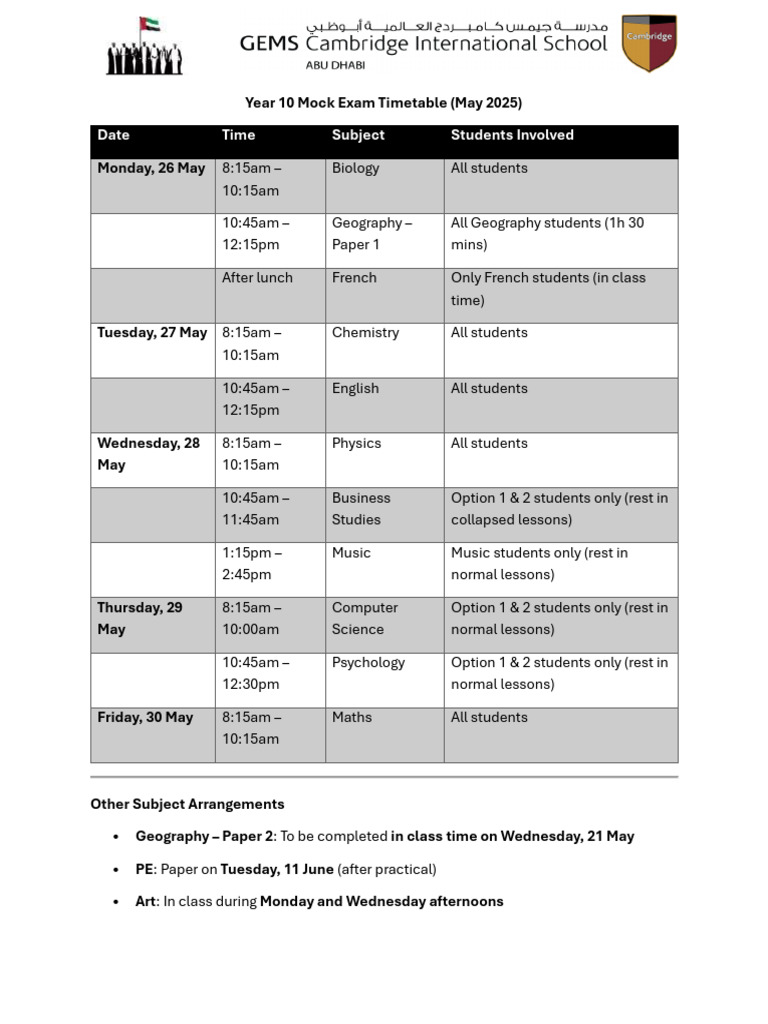 Year 10 Mock Exam Timetable-May-June 2025 | PDF