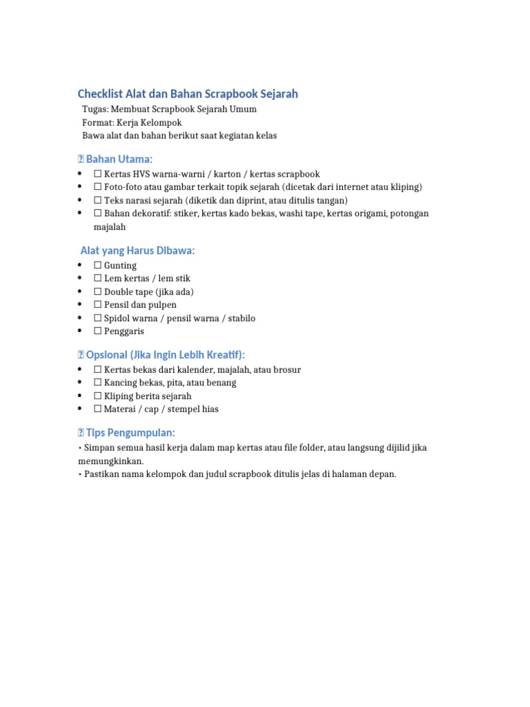 Checklist Alat Scrapbook Sejarah | PDF