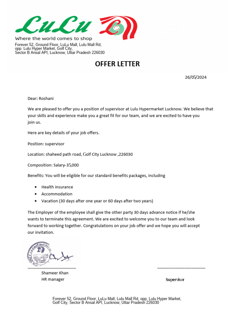 Job Offer Letter for Supervisor Position | PDF