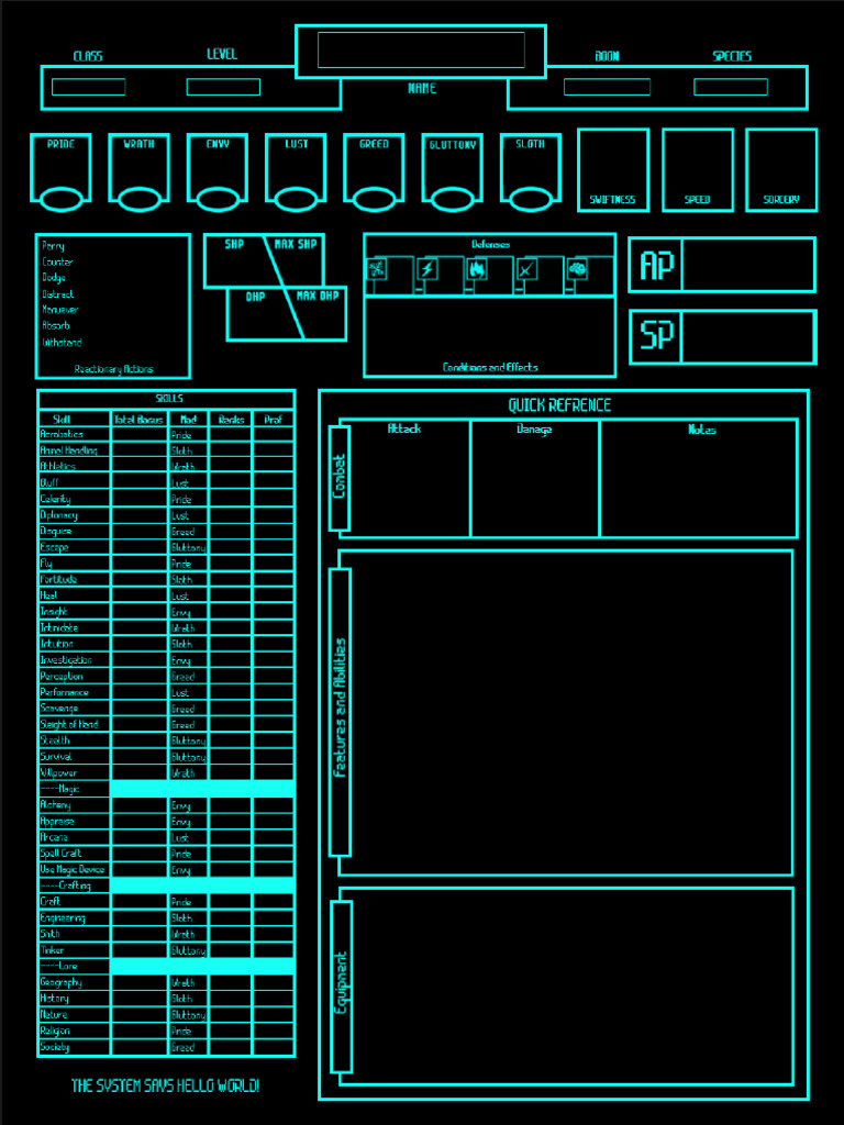 Hard-Stuck Isekai TTRPG Character Sheet | PDF