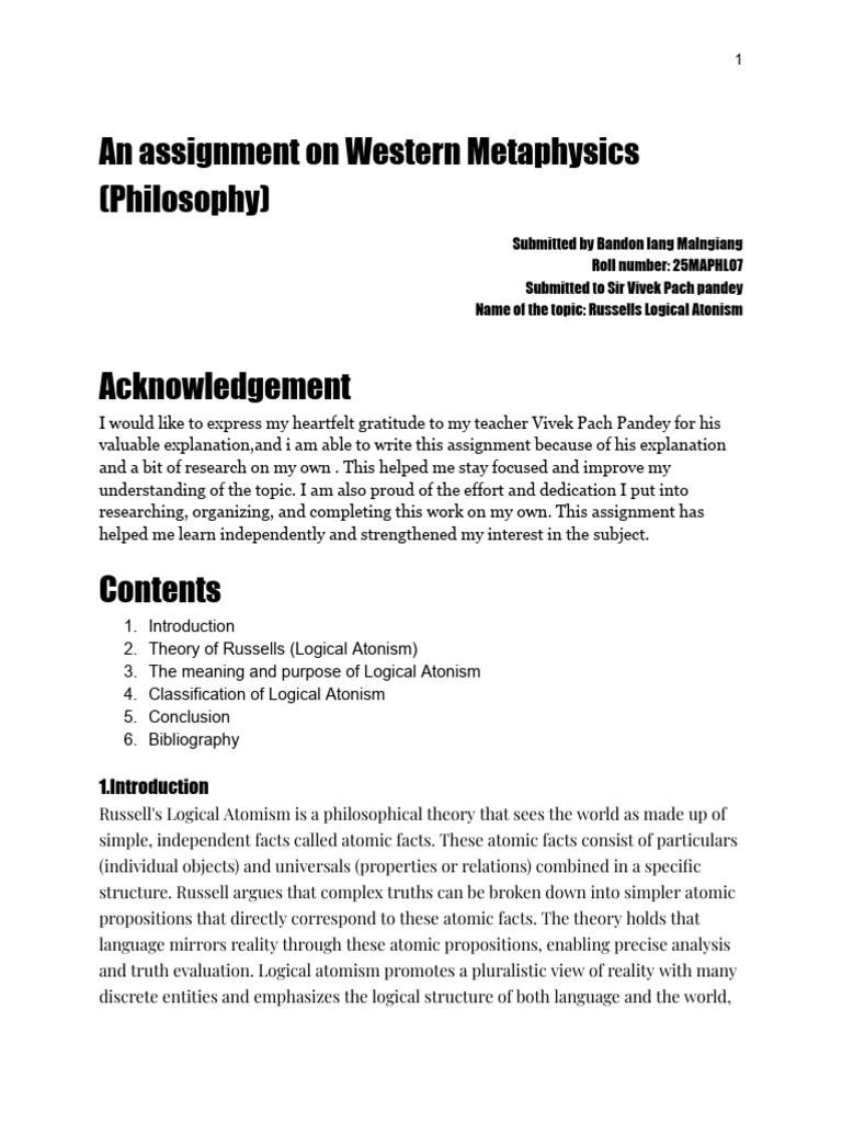 Bandon Research On Logical Atonism | PDF | Metaphysics | Logic