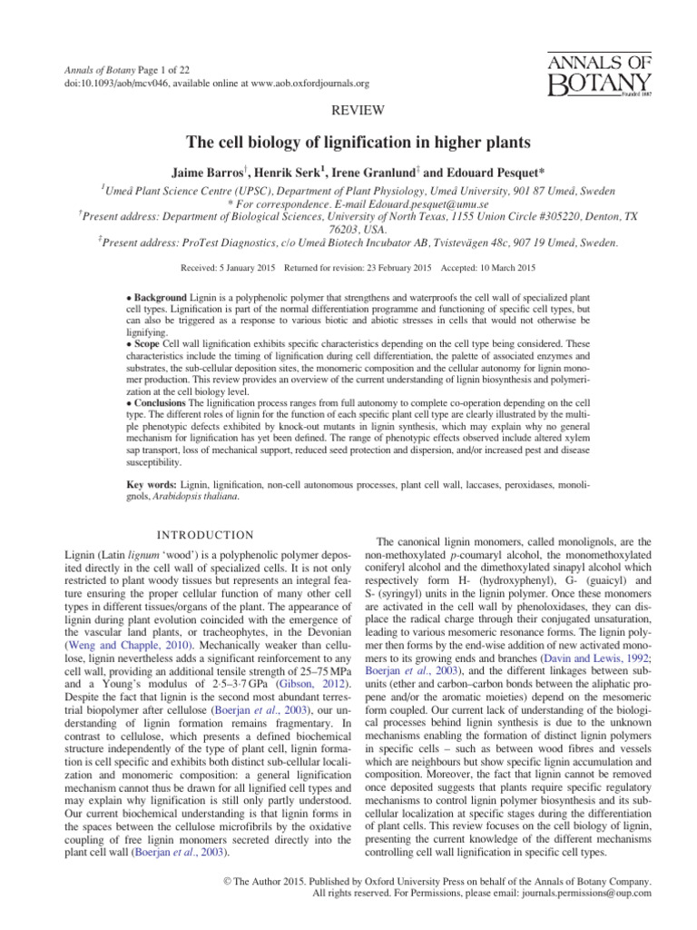Cell Biology of Lignification in Higher Plants Barros2015 | PDF ...