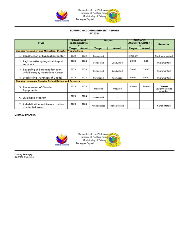 BDRRMC Accomplishment Report FY 2024 | PDF | Chess Theory | Chess