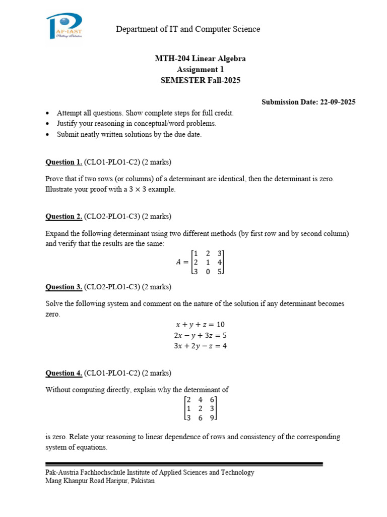 Linear Algebra Assignment Fall 2025 | PDF | Determinant | Algebra