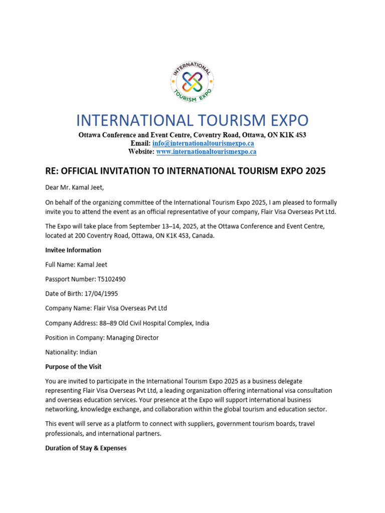 Kamal Jeet International Tourism Expo Invitation Letter | PDF | Travel ...
