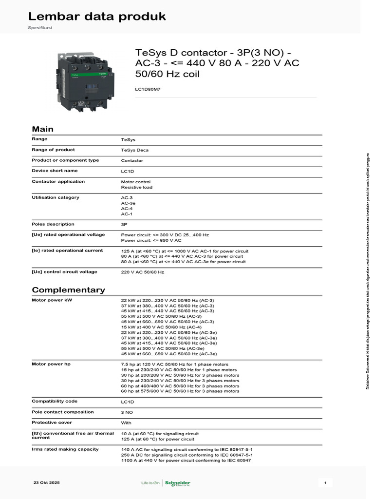 TeSys D 3P Contactor LC1D80M7 Specs | PDF | International ...