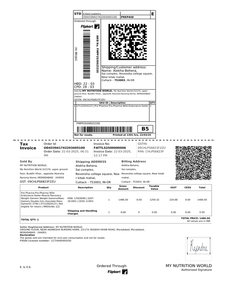 E-Kart Invoice for Pro Pharma Order | PDF | Sales | Taxation