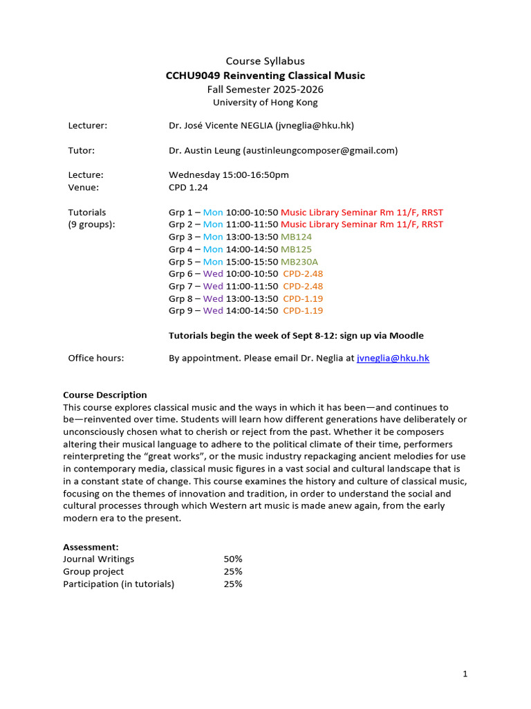 CCHU9049 Reinventing Classical Music Syllabus FALL2025 | PDF | Liberal ...