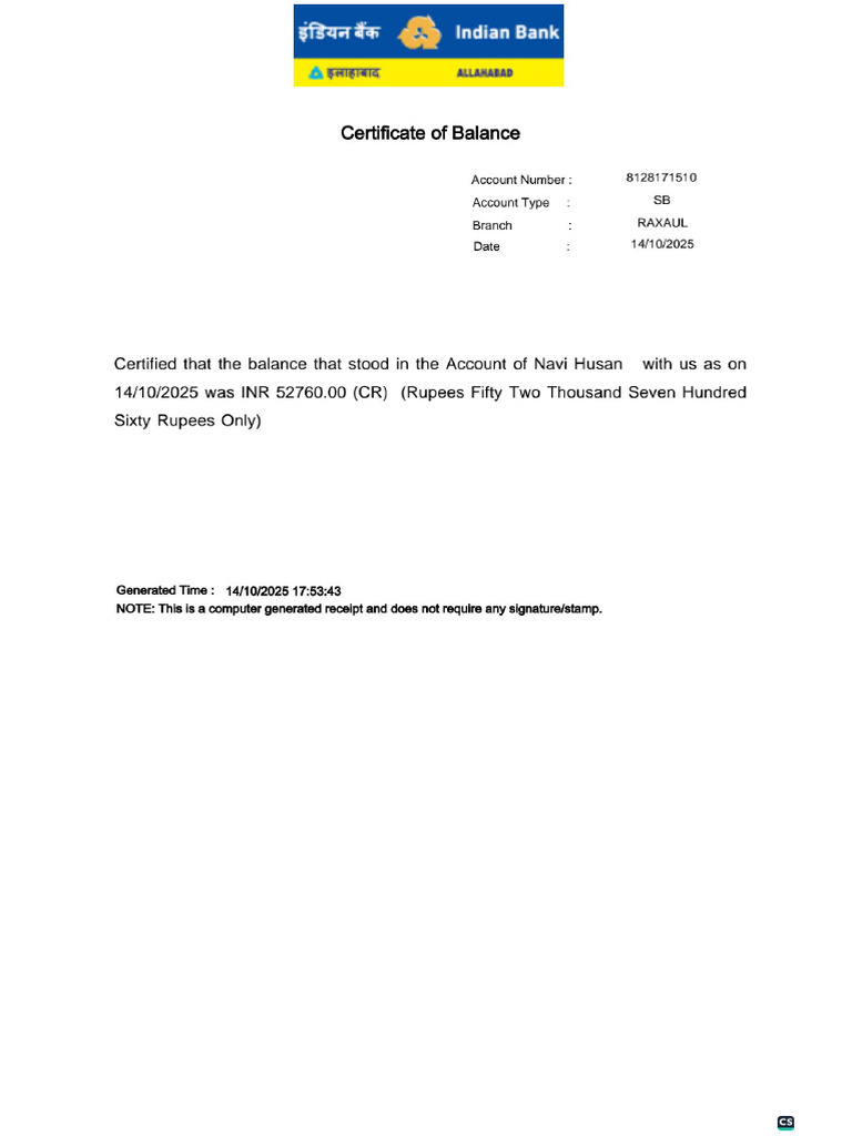Balance Certificate 8128171510-1 | PDF