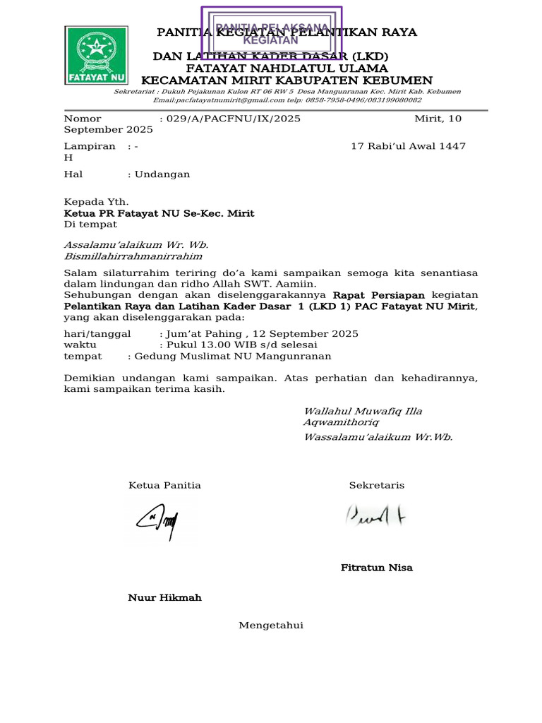 Undangan Pelantikan Fatayat NU Mirit | PDF
