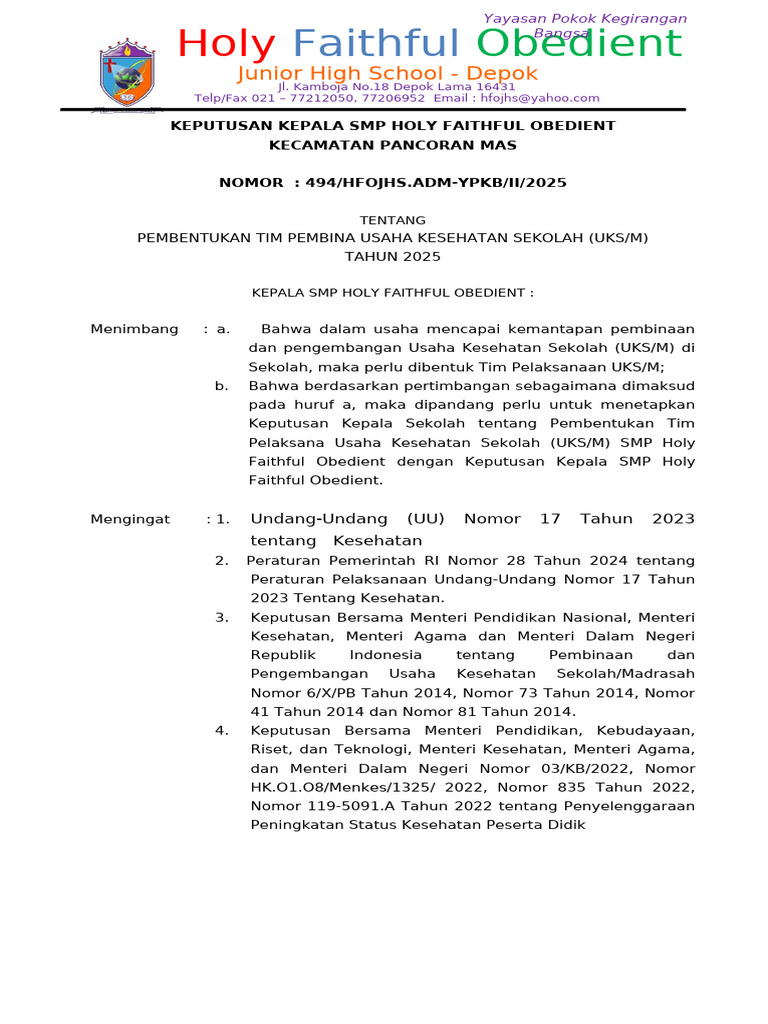 Contoh SK UKS Sekolah 1 | PDF