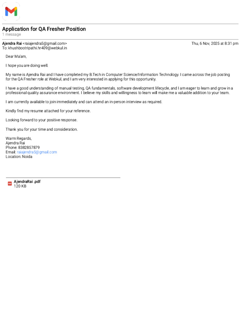 Gmail - Application For QA Fresher Position | PDF