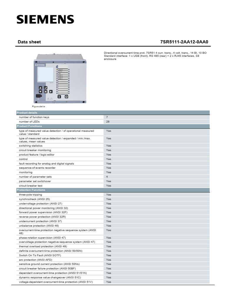 Siemens 7SR5111-2AA12 Overcurrent Protection | PDF | Alternating ...
