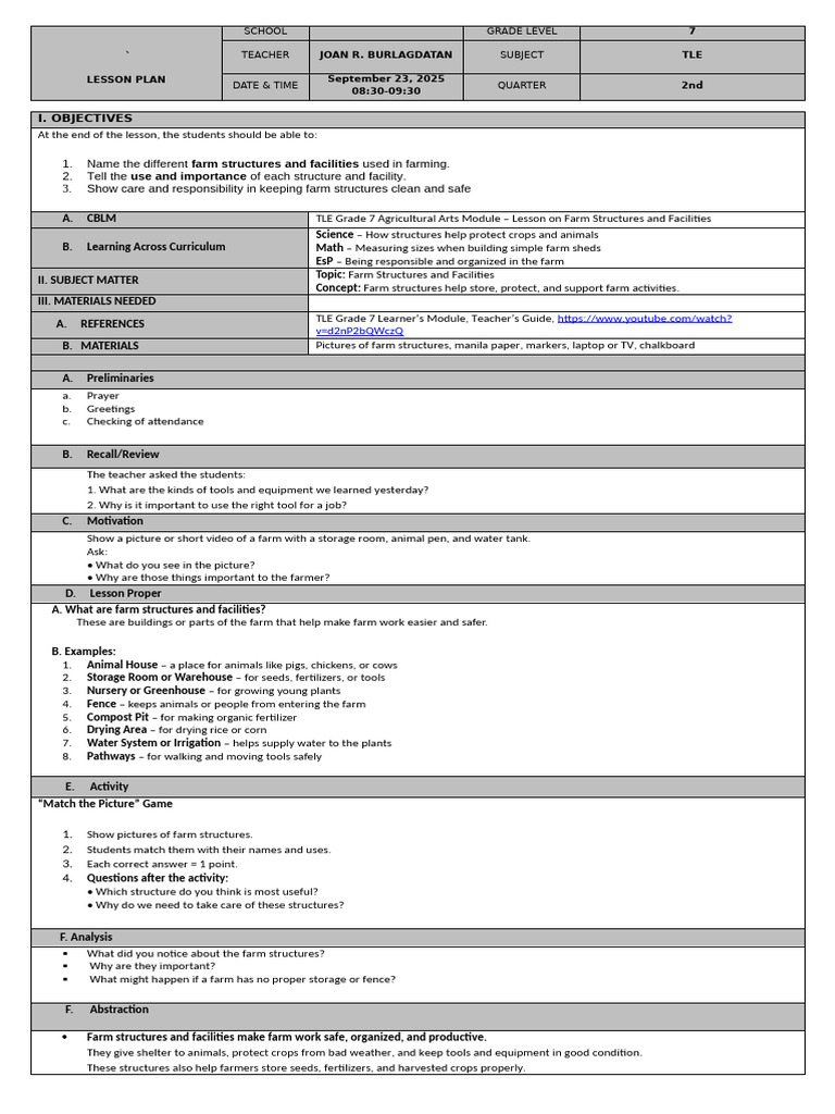 Farm Structures Lesson Plan for Grade 7 | PDF | Farms | Irrigation