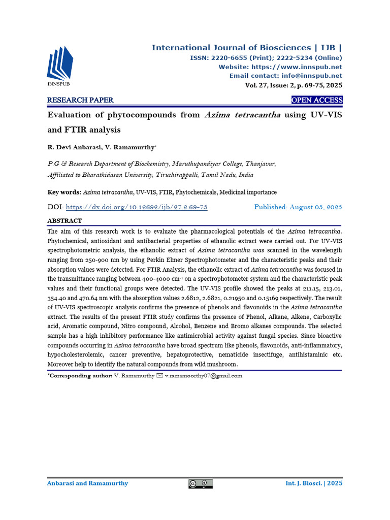 Evaluation of Phytocompounds From Azima Tetracantha Using UV-VIS and ...