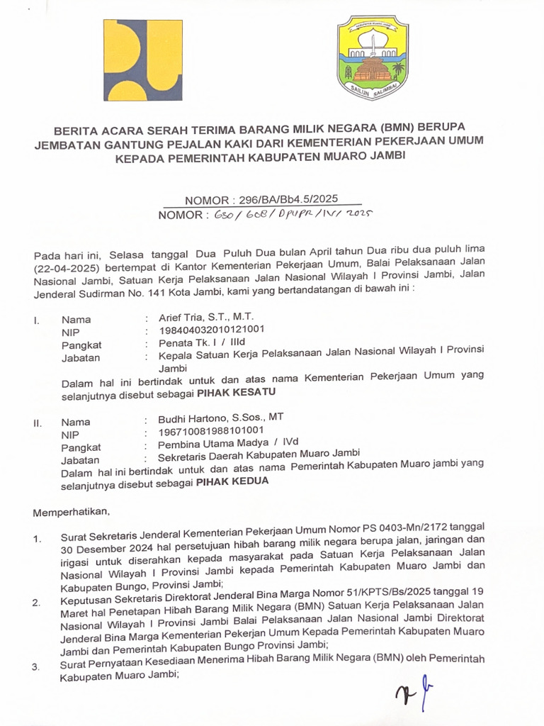 Berita Acara Serah Terima Barang Milik Negara (BMN) Berupa Fix | PDF