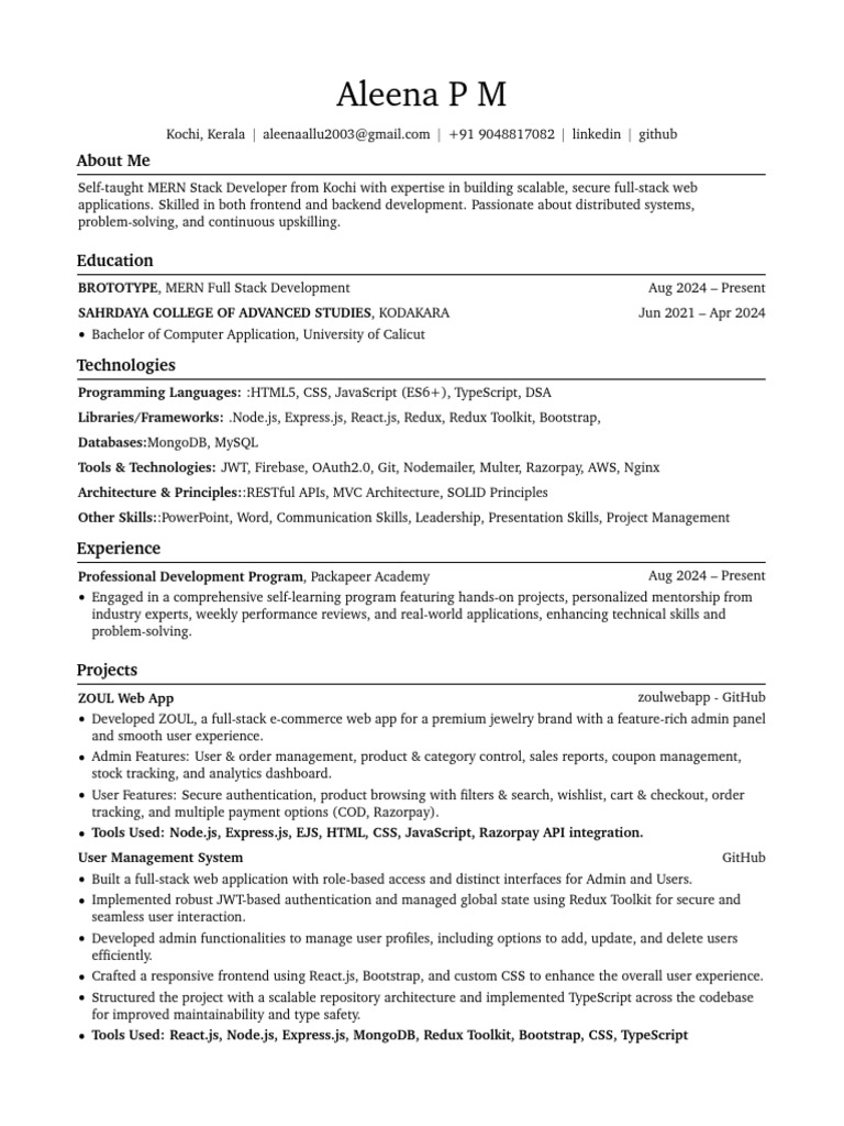 Aleena P M - Resume | PDF | Web Application | Java Script