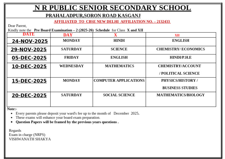 NR Public School Pre Board Exam Schedule | PDF