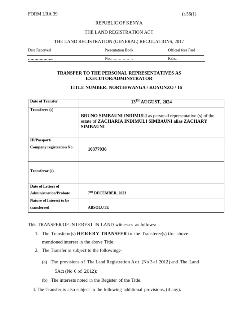 Land Transfer Form LRA 39 Kenya | PDF | Civil Law (Common Law)