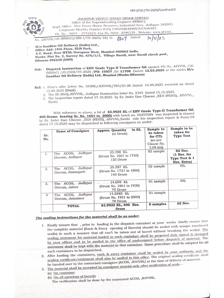 JDVVNL - Dispatch Instruction 5th Lot | PDF