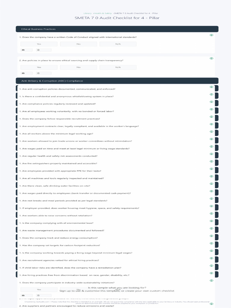 GoAudits - SMETA 7 0 Audit Checklist For 4 - Pillar (Sample) | PDF