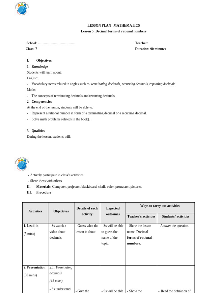 Decimal Forms of Rational Numbers Lesson | PDF | Cognition | Learning