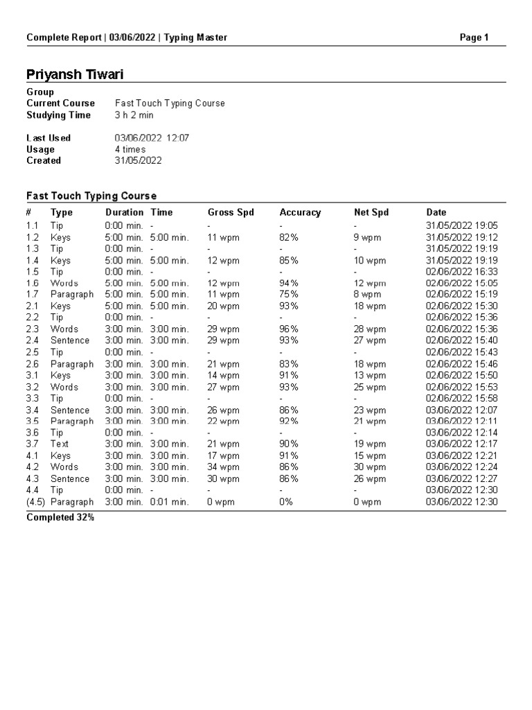 Progress Report of Touch Typing | PDF
