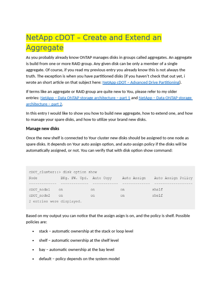 NetApp CDOT – Create and Extend an Aggregate | PDF | Computer ...