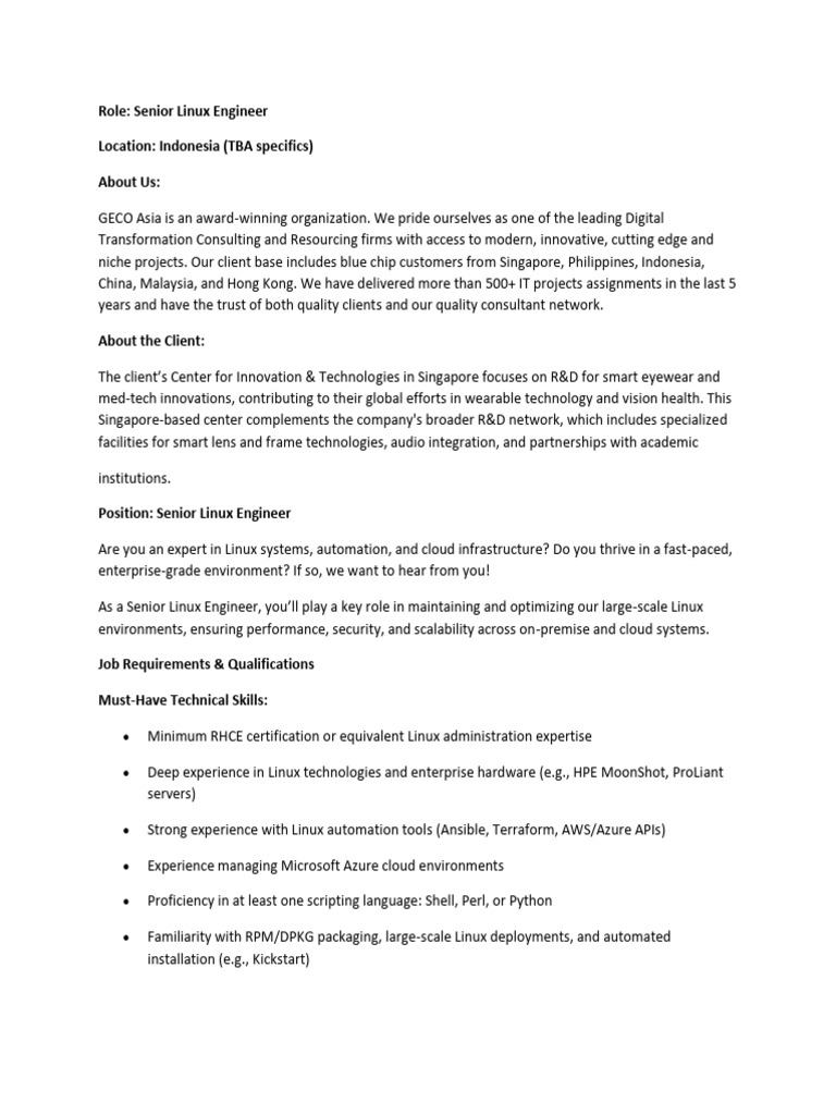 Sr. Linux Engineer ID | PDF | Linux | Cloud Computing