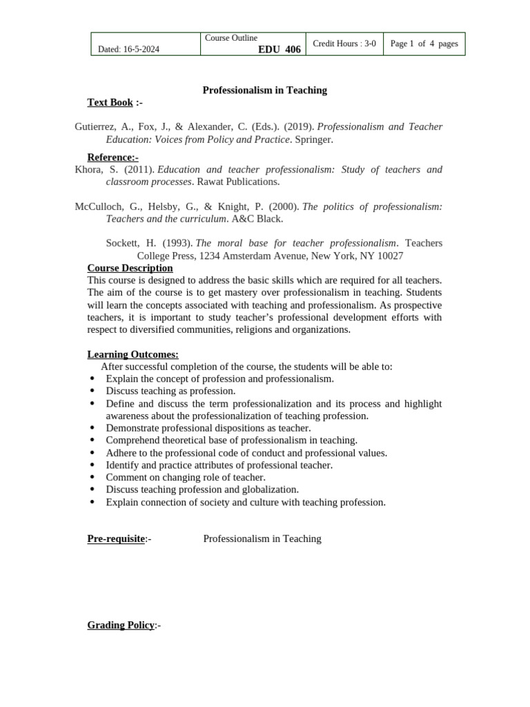 Professionalism in Teaching EDU 406-1 | PDF | Teachers | Profession
