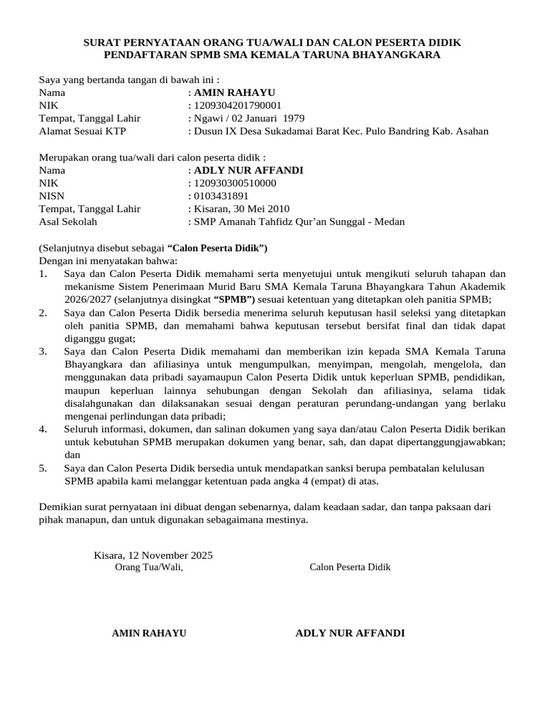 Template Surat Pernyataan Orang Tua-Wali Pendaftaran SPMB SMA KTB 2026 ...