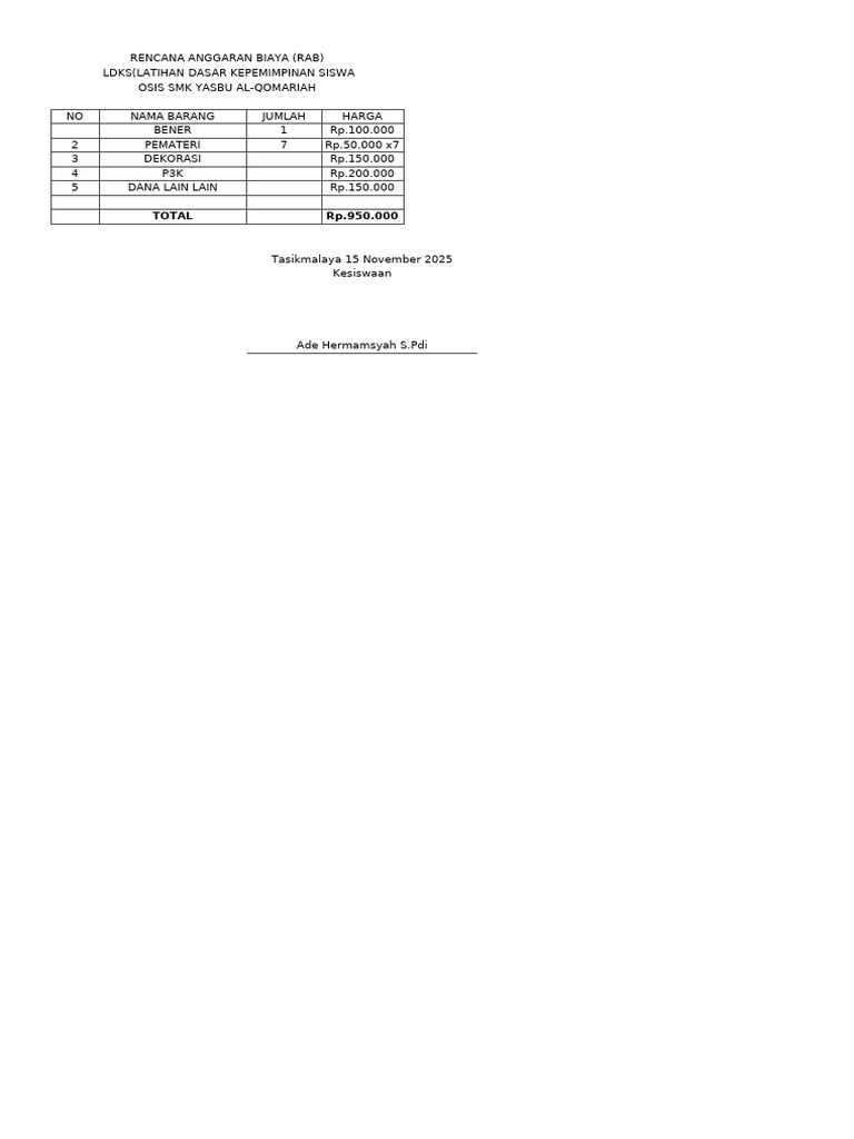RAB LDKS OSIS SMK Yasbu Al-Qomariah | PDF