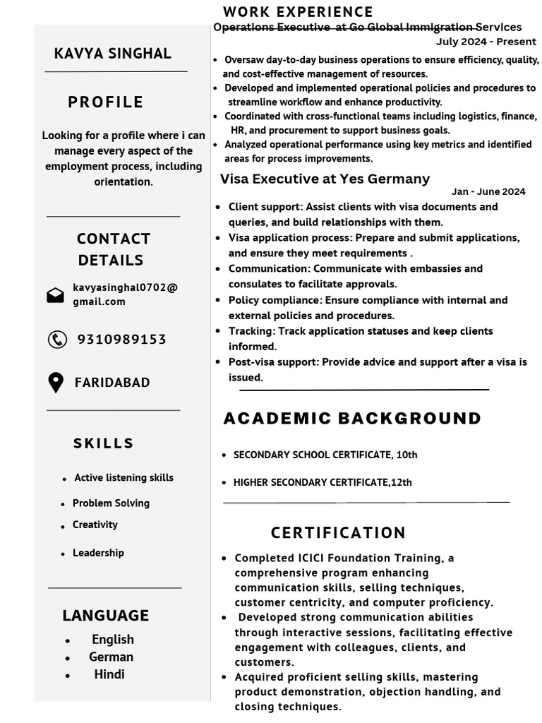 KAVYA RESUME 1-1 | PDF | Communication | Travel Visa